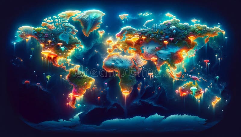 Underwater Cartography: World Map Adorned with Colorful Jellyfish Stock ...