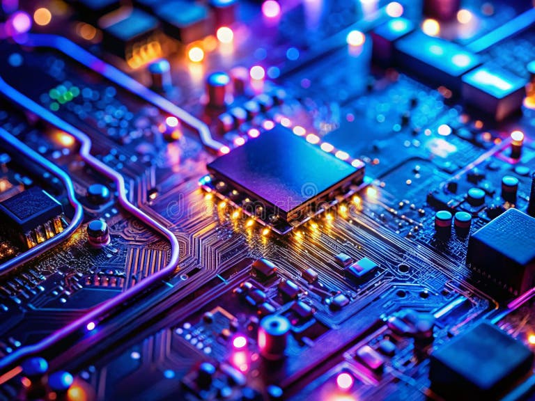 Intricate Glowing Electric Circuit Board Design a LowLight Exploration ...