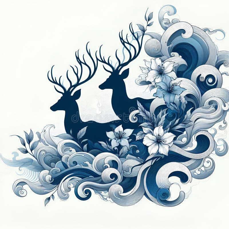 Mystical Waters: Twin Deer Spirits in a Water Wave Pattern, Generative ...