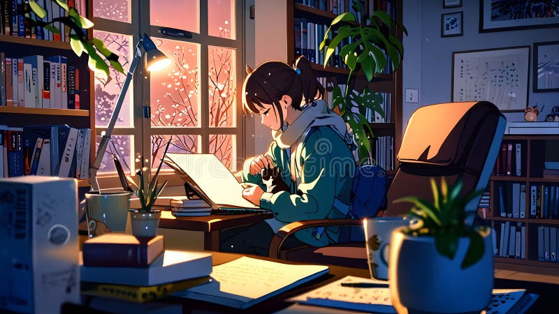 Serene Evening Study Session with a Cute Cat - Cozy Library Ambiance ...