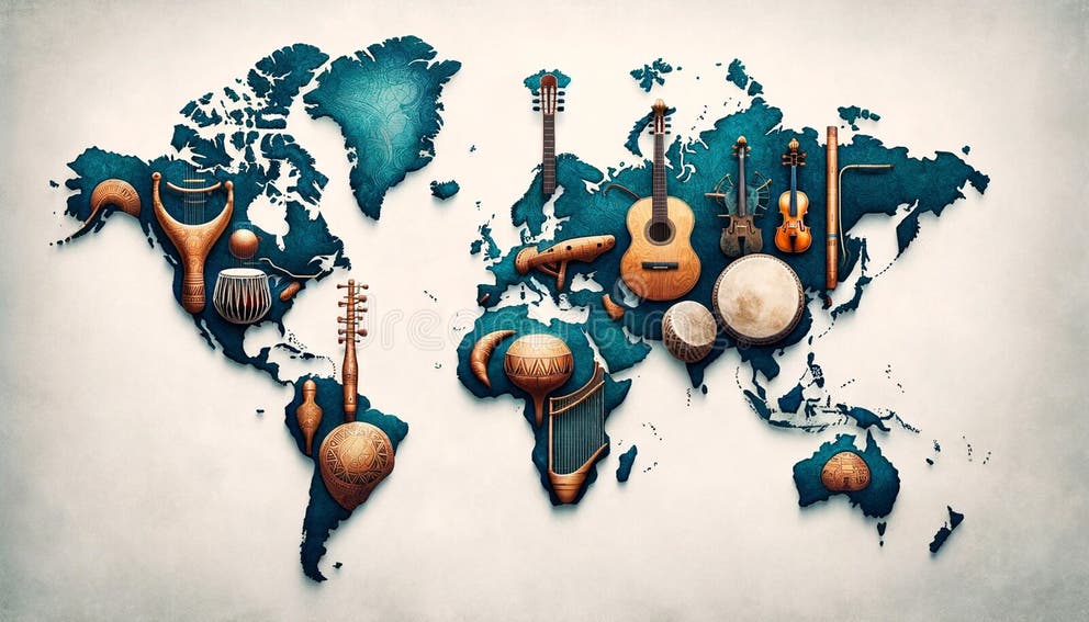 Musical Cartography: World Map Harmonized with Instruments Stock ...