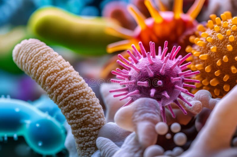 Colorful Microscopic View of Bacteria and Viruses in a Vibrant Microbial Environment Stock ...