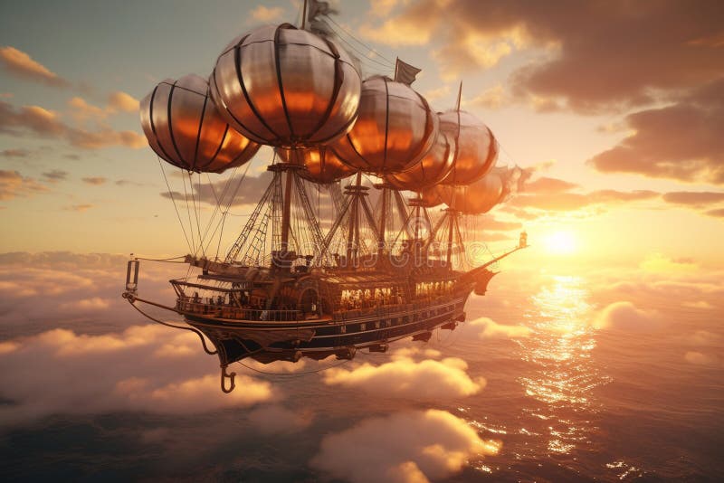 Dive into the World of Airships Suspended in a Stock Illustration ...