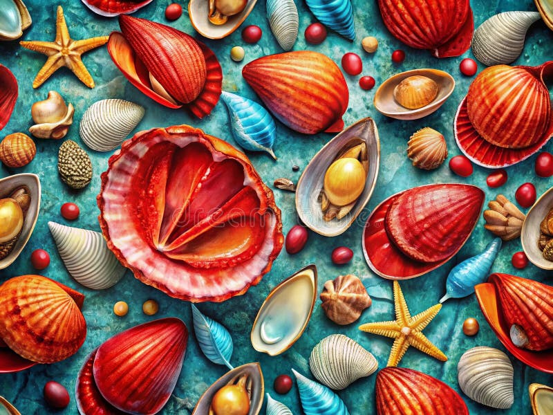Delightful Seashell Background Design a Charming Pattern of Red Oysters ...