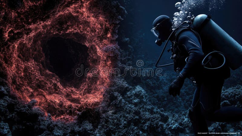 Diver Approaching Mysterious Underwater Cavern with Red Glowing ...