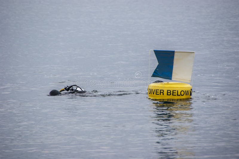 Diver Below Sign on the River. Stock Photo - Image of gear, warning ...