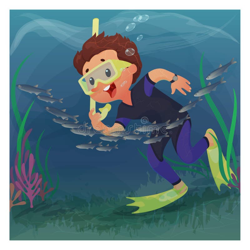 Diver Boy in Mask Snorkeling Underwater. Cartoon Vector Illustration ...