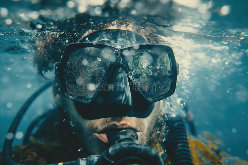 Diver Breathing Underwater with Diving Mask and Oxygen Tank Stock Photo ...