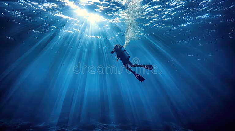 Diver with Bubbles Ascending in the Blue Ocean with Sun Rays. Stock ...