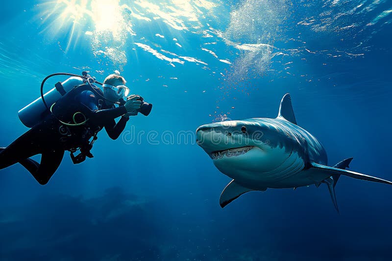 A Diver with a Camera is Underwater, Closely Approaching a Large Shark ...