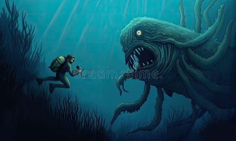 The Monster Lurking in the Depths Frightened Diver Creating Using ...
