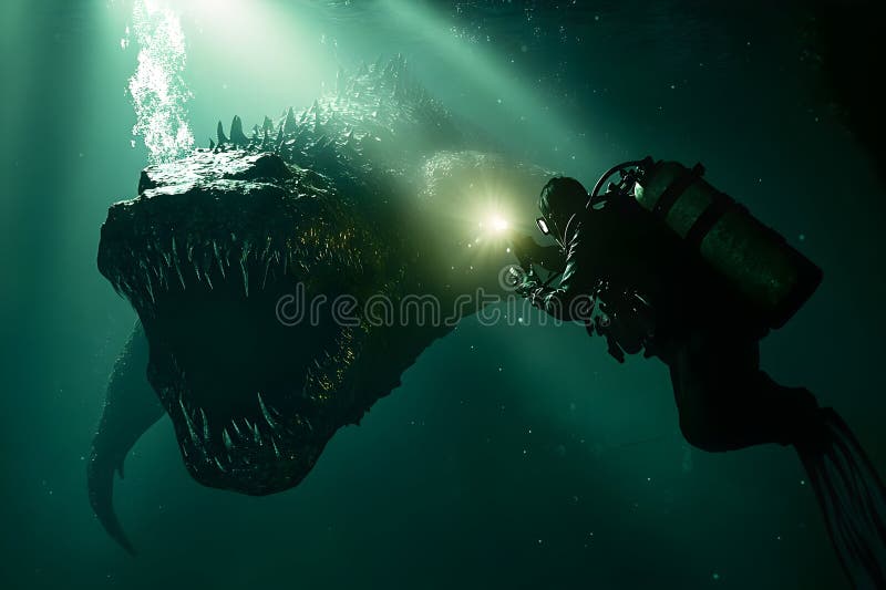 Diver Encountering a Giant Prehistoric Sea Creature in Deep Ocean ...