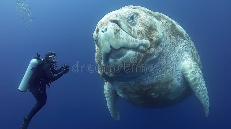 Diver Encounters Immense Leatherback Sea Turtle Underwater Stock Image ...