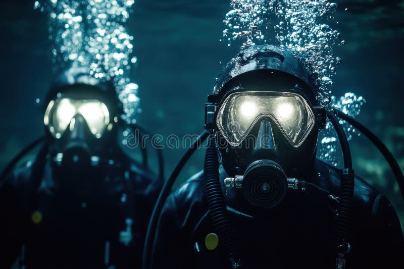 Diver Exploration in Deep Water with Bubbling Oxygen at Twilight Stock ...