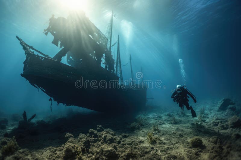 A Diver Explore a Ship Wreck Underwater at the Bottom of the Sea. Stock ...