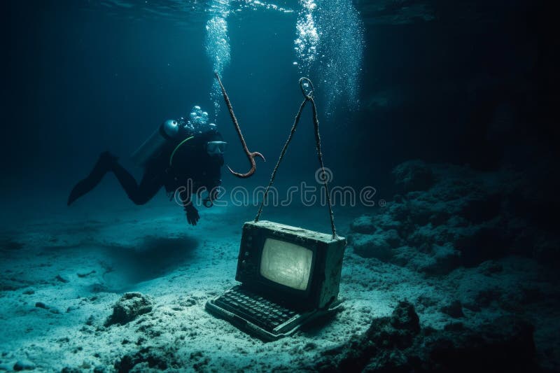 A Diver Explores a Sunken Computer in Deep Water. the Contrast of ...
