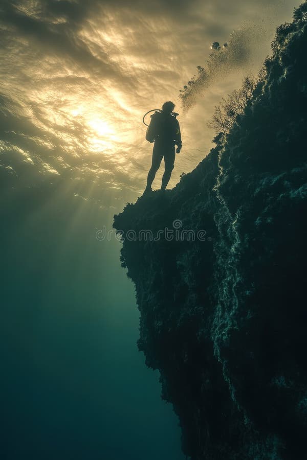 Diver Explores Underwater Cliffs while Sunlight Beams through Clouds ...