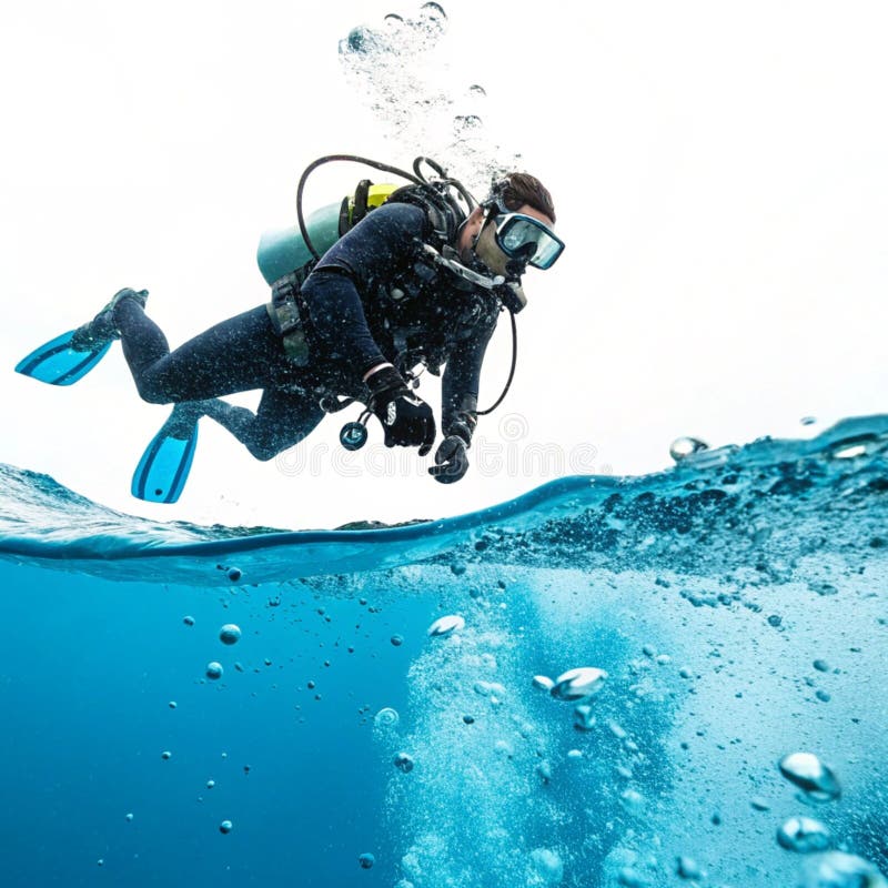 Diver Explores Underwater Isolated on White Background Stock ...