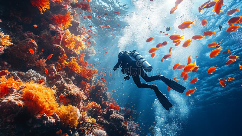 Diver Explores Vibrant Coral Reef with Colorful Fish Stock Illustration ...