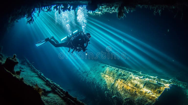 Diver Exploring Ancient Shipwreck in Deep Sea Environment Stock ...