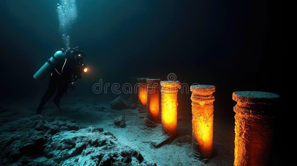 Diver Exploring Ancient Underwater Ruins with Illuminated Columns Stock ...