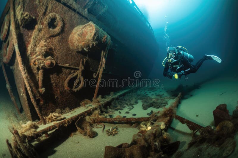 Diver Exploring the Bow of a Sunken Ship, with Treasures Lying in Wait ...
