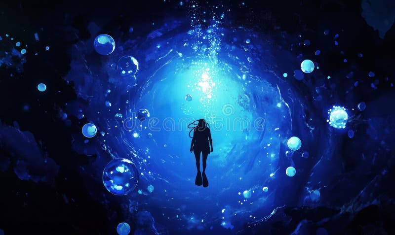 Diver Exploring Deep Blue Ocean with Bubbles and Light Effects Stock ...