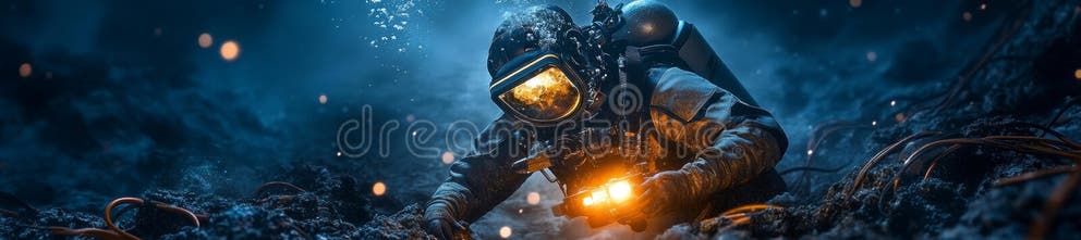 Diver Exploring Deep Ocean with Illuminated Tool and Cables Stock ...