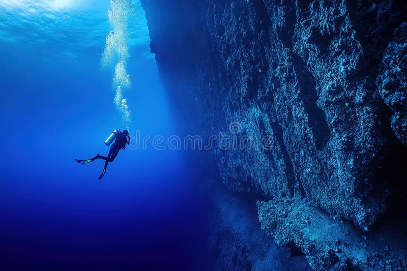 A Diver Exploring a Deep Underwater Cliff in a Vibrant Blue Ocean Stock ...