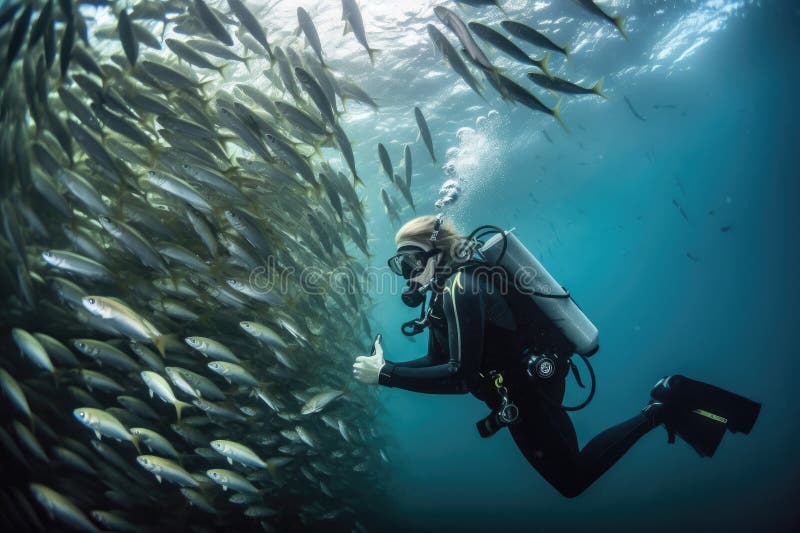 Diver, Exploring the Depths of Ocean, with Schools of Fish Swimming by ...