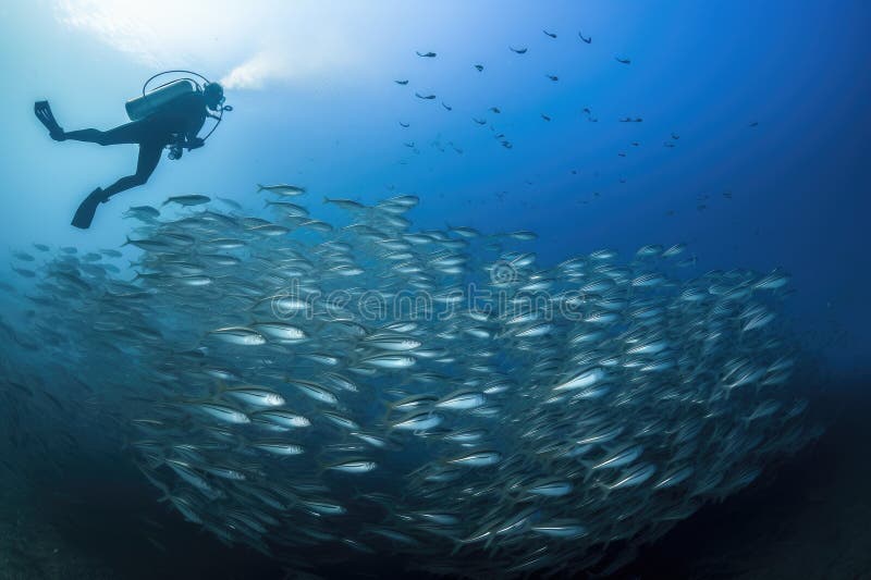 A Diver Exploring the Depths of an Untouched Ocean, with Schools of ...