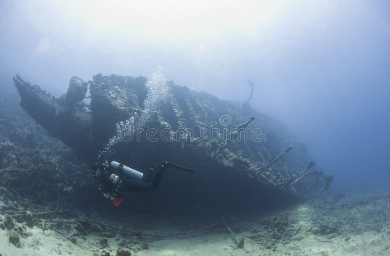 Diver Exploring a Large Shipwreck Stock Image - Image of tourism ...
