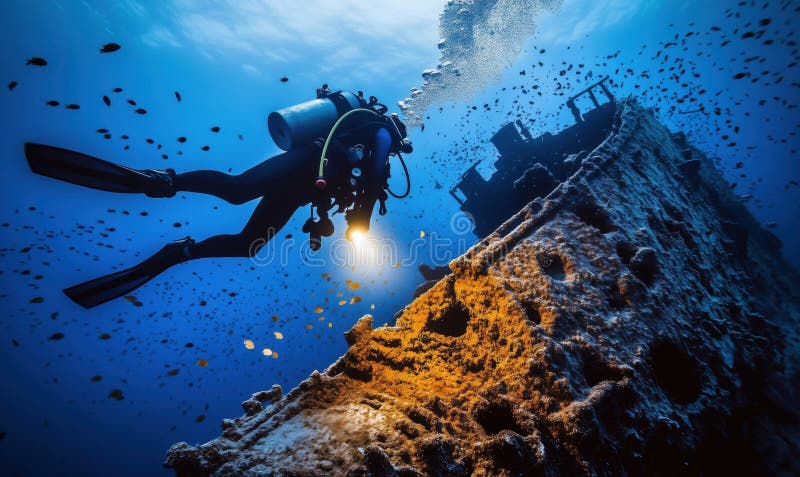Diver Exploring Sunken Shipwreck Surrounded Vibrant Marine Life Stock ...