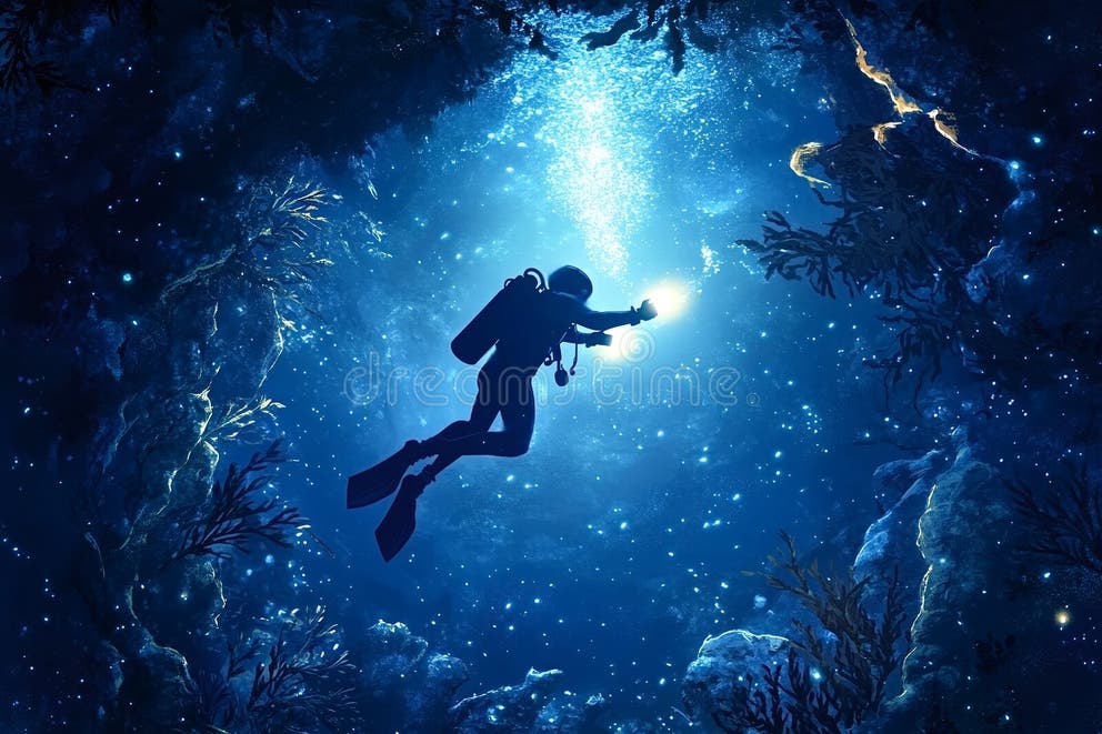 Diver Exploring Underwater Cave with Flashlight in Deep Blue Sea Stock ...