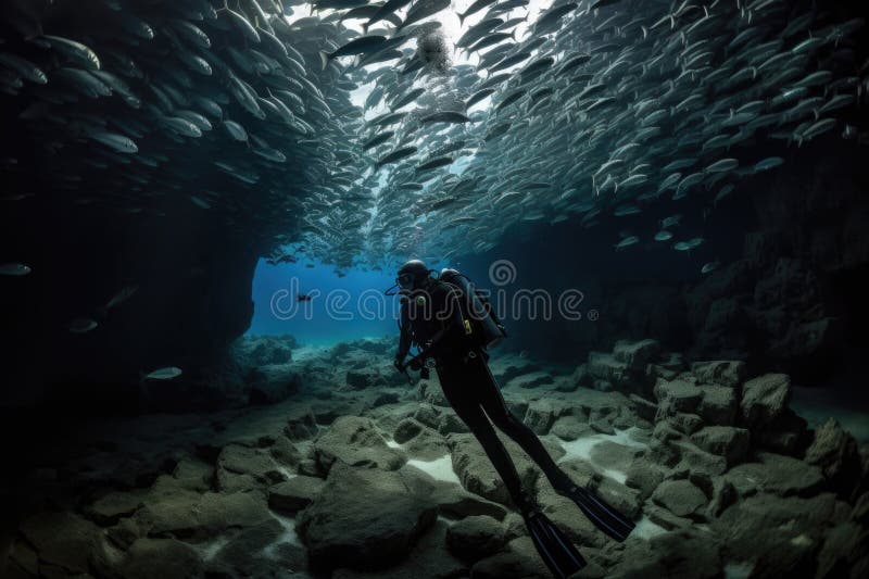 Diver Exploring Underwater Cave, with Schools of Fish Swimming by Stock ...