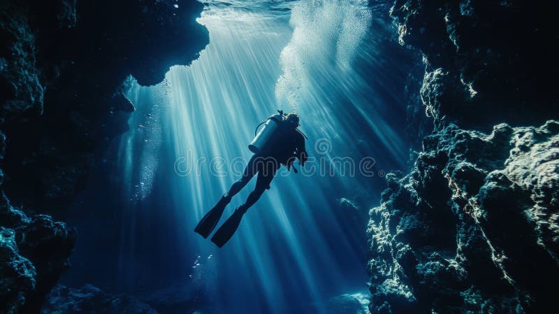 Diver Exploring Underwater Caves Illuminated by Sunlight Rays Stock ...