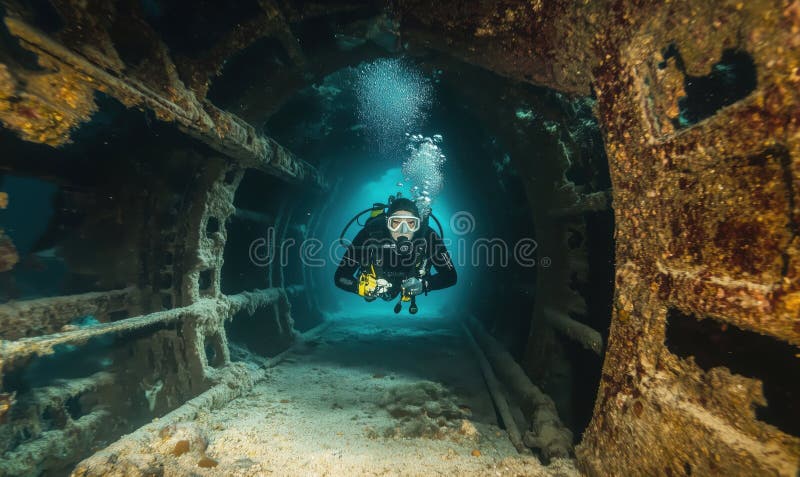 Diver Exploring Underwater Shipwreck Tunnel Surrounded by Marine Life ...
