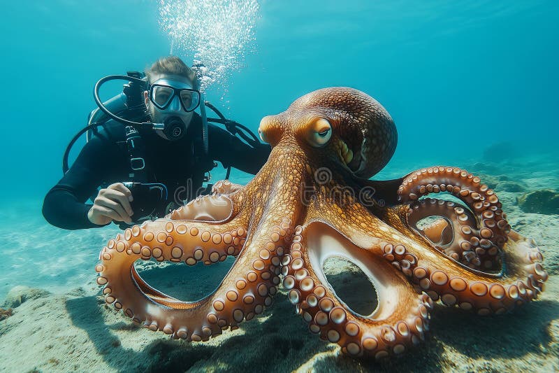 Diver Exploring Underwater World with a Large Octopus during a Summer ...
