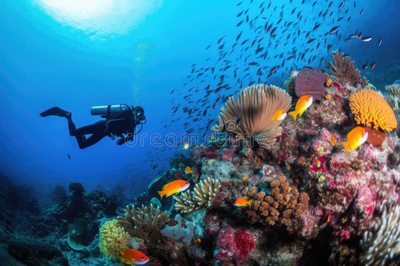 Diver Exploring Underwater World, Surrounded by Schools of Fish and ...