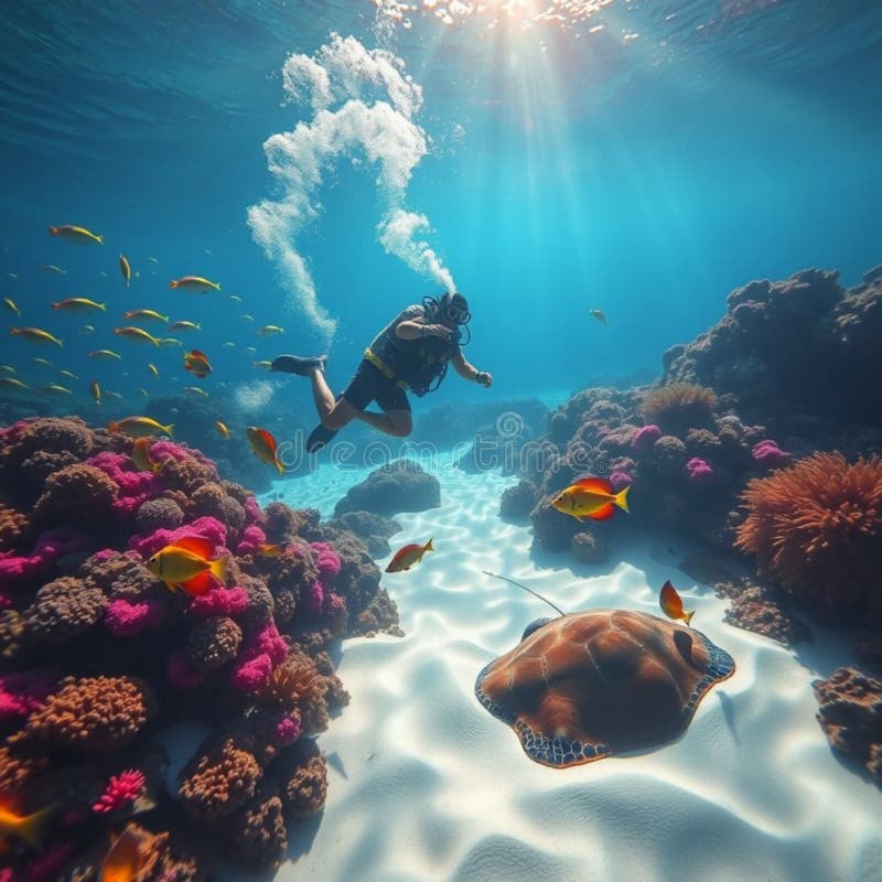 Diver Exploring Vibrant Coral Reef with Stingray Stock Image - Image of ...