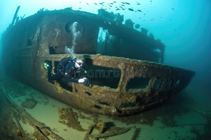 Diver Exploring the Wreck of a Sunken Ship, with Fish Swimming in ...