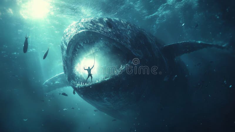Diver Facing Enormous Deep-sea Creature in Dramatic Underwater Scene ...