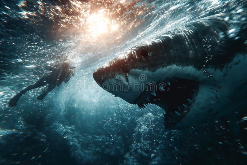 Diver Facing Huge Aggressive Shark Underwater Stock Photo - Image of ...
