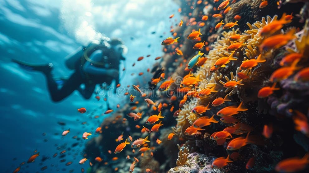 Diver among fish stock photo. Image of blue, tropical - 367589240