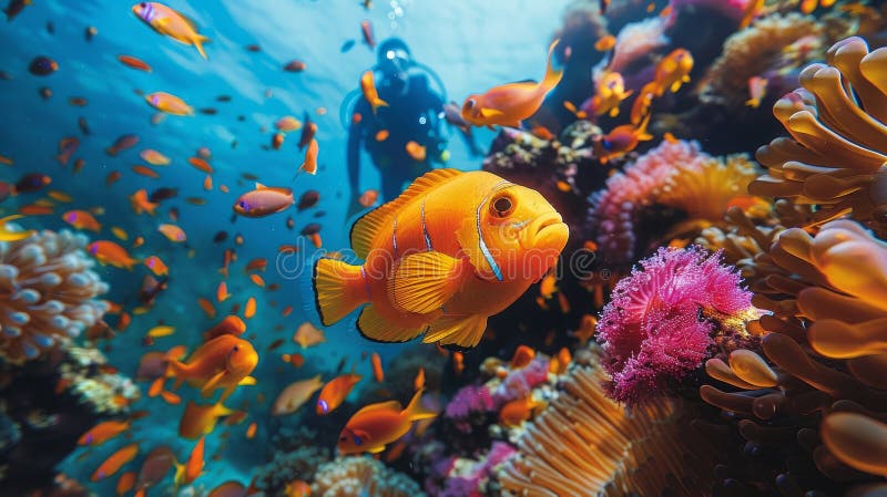 Diver among fish stock photo. Image of reef, blue, fish - 367771654