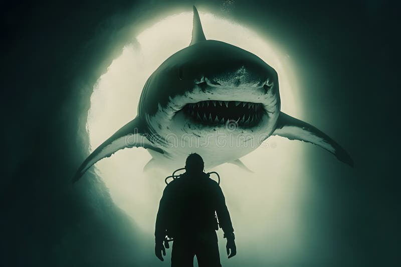 A Diver and a Giant Shark, Concept of Risks and Dangers Stock ...