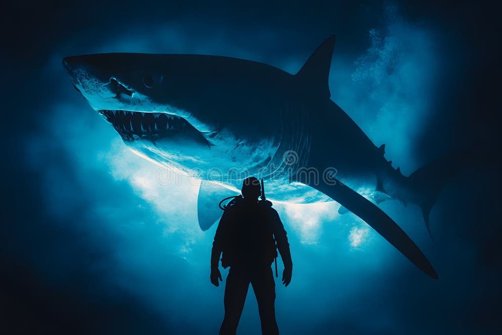 A Diver and a Giant Shark, Concept of Risks and Dangers Stock ...