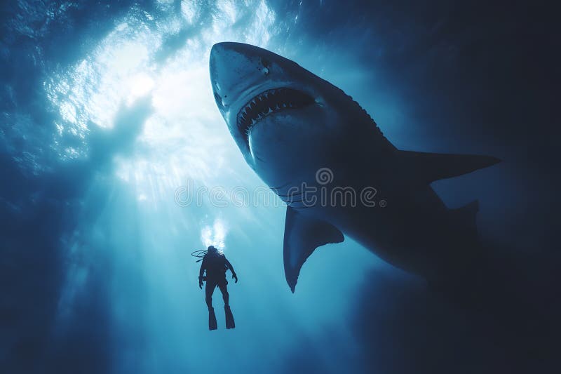 A Diver and a Giant Shark, Concept of Risks and Dangers Stock Photo ...