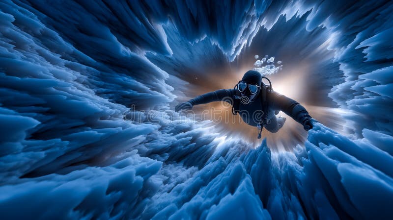 Diver Glides through Breathtaking Underwater Ice Structures. Vibrant ...