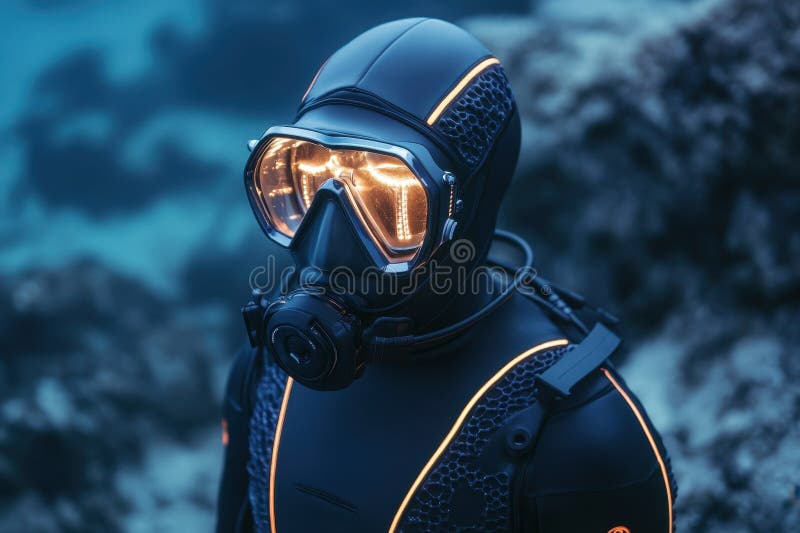 Diver in High-tech Gear Explores Underwater Environment during Evening ...